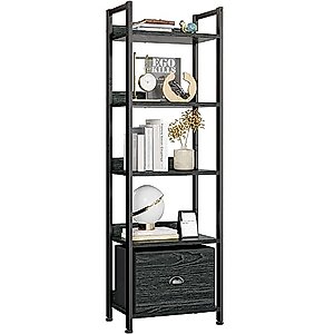 Furologee 5 Tier Bookshelf with Drawer, Kitchen Bakers Rack with Storage, Tall Narrow Bookcase, Industrial Free Standing Display Shelf, Wood and Metal Book Shelf for Bedroom, Living Room, Black