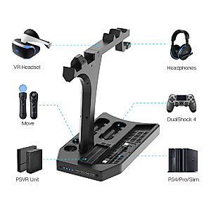ElecGear Vertical Charging Stand with Cooling Fan PSVR Headset Storage Stand, Docking Station Charger Dock for Move and DualShock 4 Controller, PlayStation , PS VR
