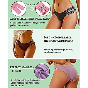 FINETOO Seamless Underwear for Women Cheeky Bikini Panties High Cut V-waist Lace Underwear Women Cute Bikinis 6 Pack