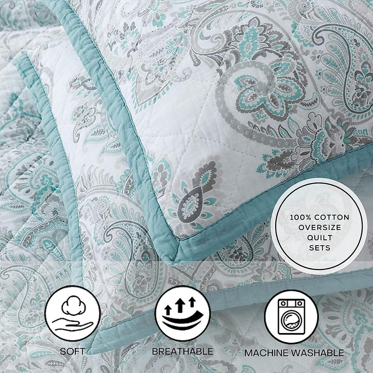 KASENTEX Authentic 100% Cotton 3-Piece Oversized Twin XL Quilt Set Soft Bedspread Coverlet Sets (Blue Paisley, 80X106+20X26 X2)