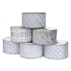 Christmas Ribbon Wired, 6 Rolls 2.5 Inch 36 Yard Silver Sheer Glitter Organza Wired Edge Ribbons for Christmas Tree, Gift Wrapping, Assortment Ribbon for Crafts, DIY, Christmas Tree Ribbon
