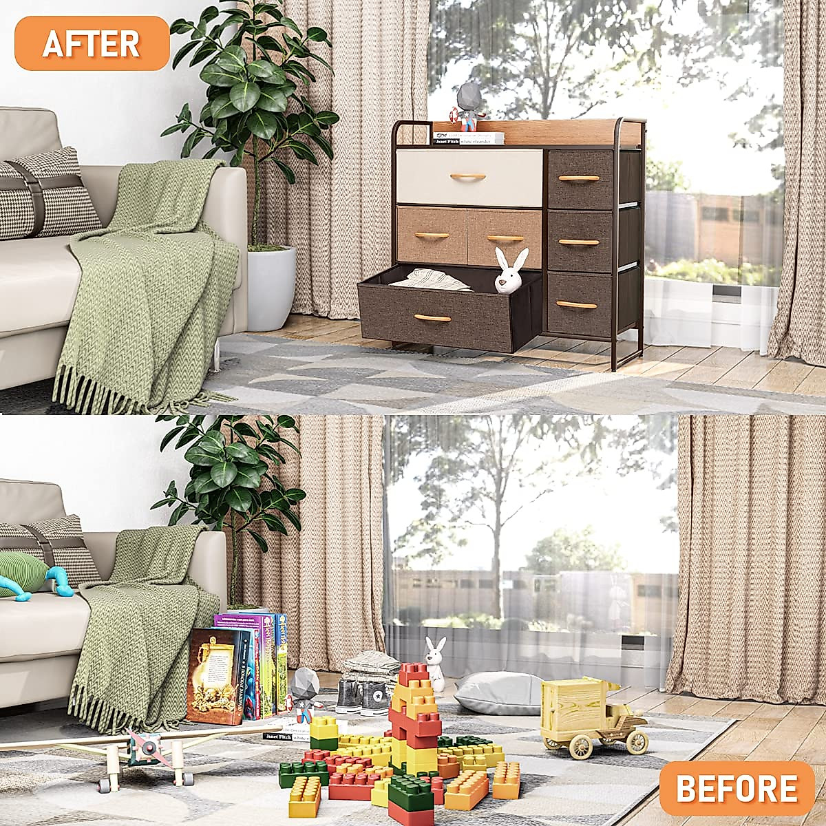 VredHom Wide Fabric Dresser Tower, 7 Drawers Fabric Closet Dresser Closets Storage Units with Sturdy Steel Frame, Wood Top & Easy Pull Fabric Bins for Bedroom, Living Room, Hallway, Entryway, Closets