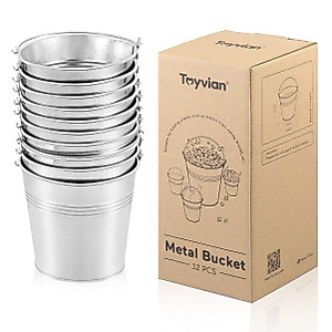Toyvian Metal Buckets Mini Tinplate Bucket,4 Inch Metallic Pails with Handle for Party Favors, Candy, Votive Candles, Trinkets, Small Plants,12 Pieces