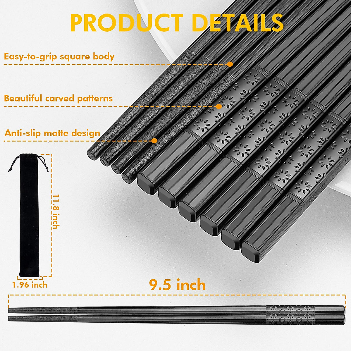 5 Pairs Reusable Chopsticks Dishwasher Safe,9.5 Inch Fiberglass Chopsticks Set, Japanese Chinese Korean Chopsticks for Food, Non-Slip, Easy to Use (Black Chopsticks)