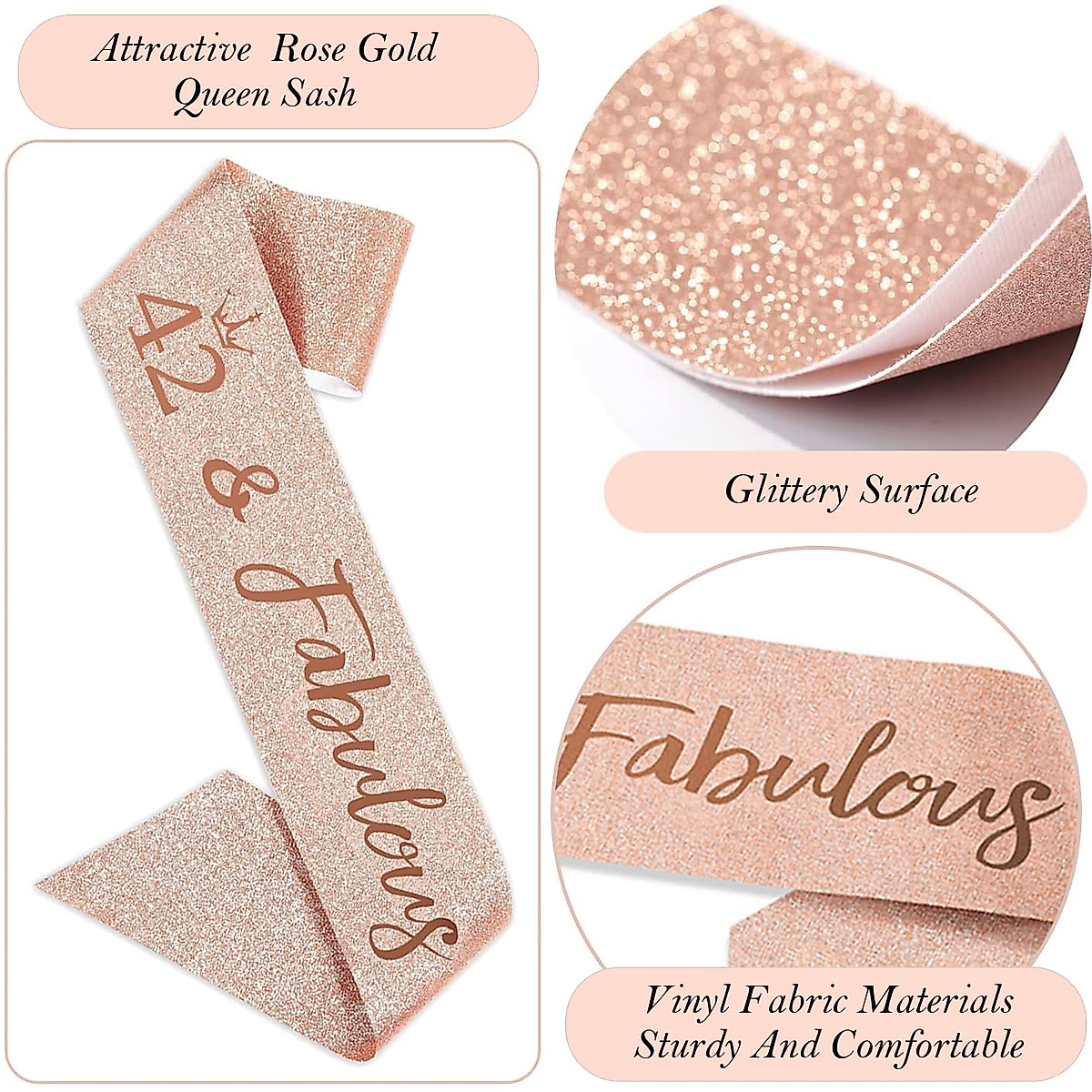 42nd Birthday Decorations for Her Women, Including 42 year old Birthday Cake Topper, Birthday Queen Sash with Pearl Pin, Sweet Rhinestone Tiara Crown, Number Candles and Balloons Set, Rose Gold