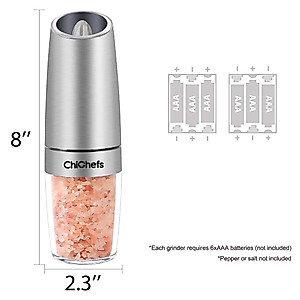 ChiChefs Electric Gravity Pepper Grinder or Salt Grinder Mill, Automatic Pepper Mill, Battery Operated with White LED Light, One Handed Operation, Adjustable Coarseness, Stainless Steel