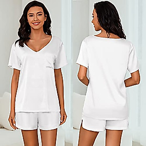 Litherday Women&#039;s Satin Pajama Set Silk Causal Short Sleeve Pj Shirt Lounge Shorts Sexy Pjs Soft V-Neck Sleepwear with Pockets White Medium