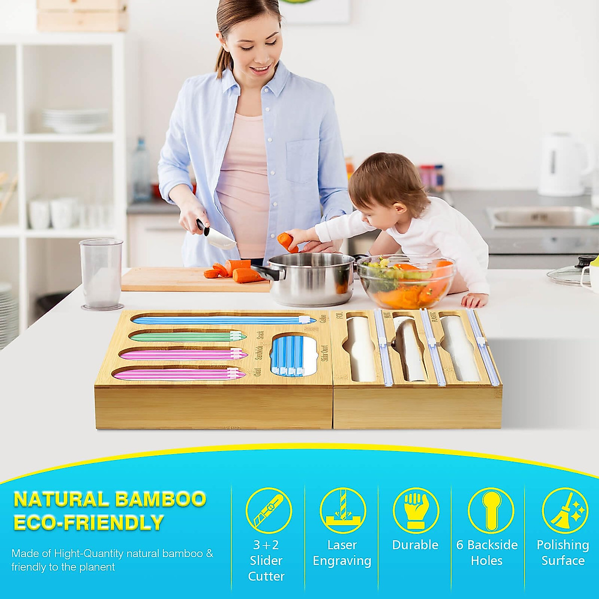 9 IN 1 Bamboo Foil and Plastic Wrap Organizer for kitchen drawer, Ziplock bag organizer and Plastic Wrap Dispenser with Cutter, zip lock bag Storage organizer for Gallon,Quart,Sandwich,Snack