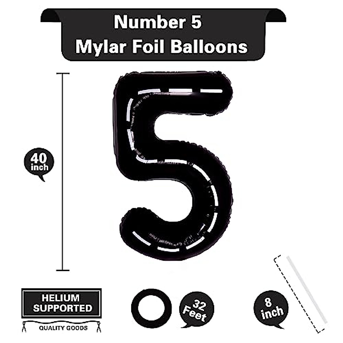 40 Inch Giant Race Car Number 5 Balloon, Helium Mylar Foil Number Balloons for Birthday Party, 5th Birthday Decorations for Kids, Anniversary Racing Car Party Decorations Supplies (Race Car Number 5)
