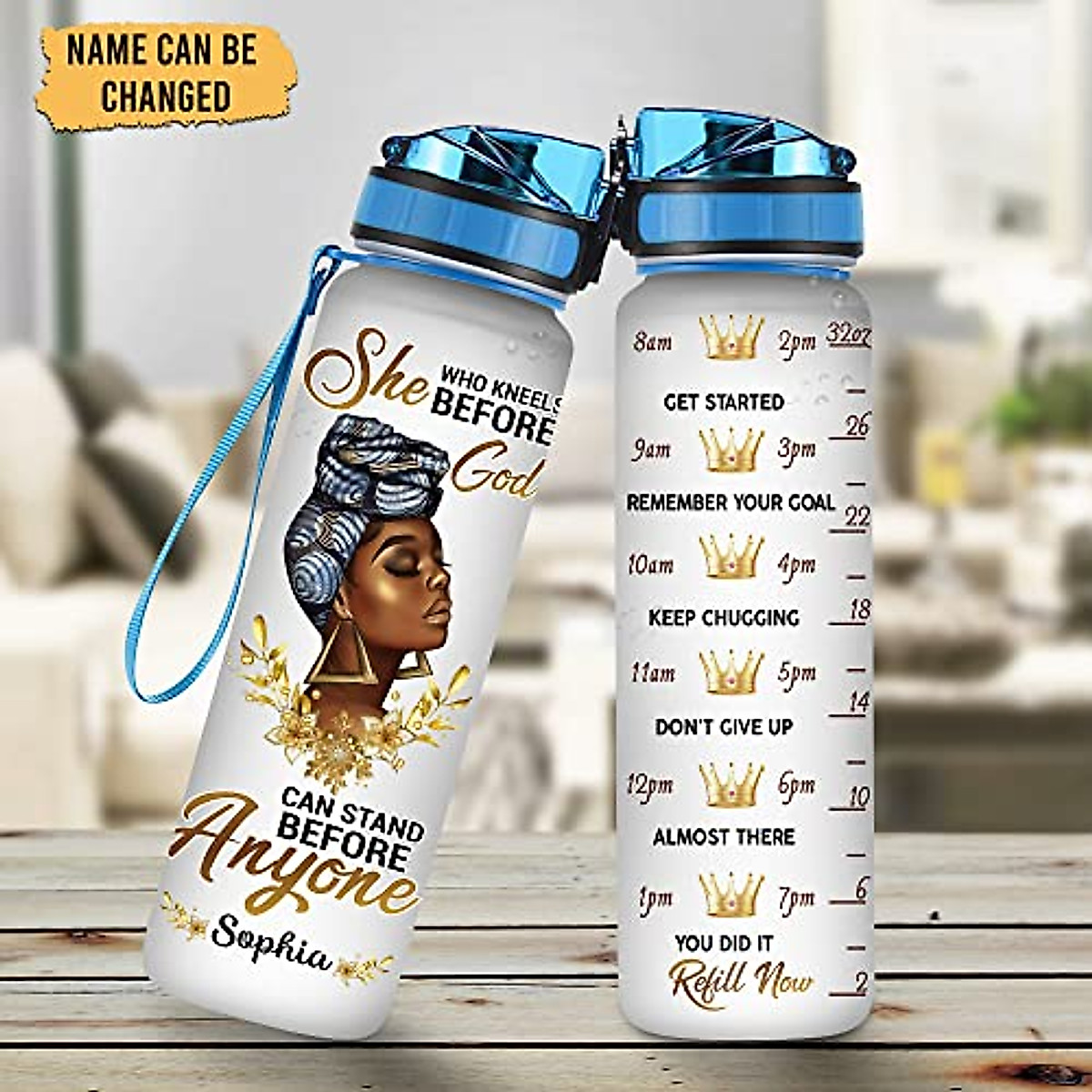 HYTURTLE Personalized She Who Kneels Before God 32oz Liter Motivational Water Bottle, African American Black African American Women Water Bottle With Time Marker, Gifts For Black Women, Girls On Birthday Mother's Day