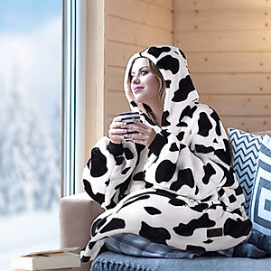 Cow Printed Oversized Hoodie Blanket Sweatshirt Pullover Sherpa Giant Wearable Blankets Gift for Adults Women Teenagers Wife Girlfriend Dalmation