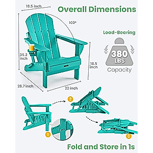 Ciokea Folding Adirondack Chair Wood Texture, Patio Adirondack Chair Weather Resistant, Plastic Fire Pit Chair with Cup Holder, Lawn Chair for Outdoor Porch Garden Backyard Deck (Lake Blue)