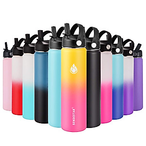 SENDESTAR Water Bottle 24oz Double Wall Vacuum Insulated Leak Proof Stainless Steel Sports Water Bottle—Wide Mouth with New Flex Straw Lid & Spout Lid (Deep Blue&Black)