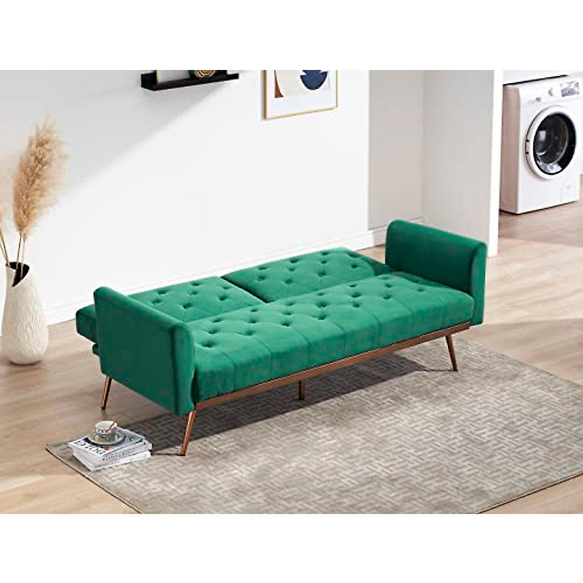 Eafurn Button Tufted Futon Bed, Modern Convertible Loveseat, Comfy Upholstered Folding Sofa & Couches with Armrest for Apartment, Compact Sofabed, Green Velvet 68.3" w/Wood Trim