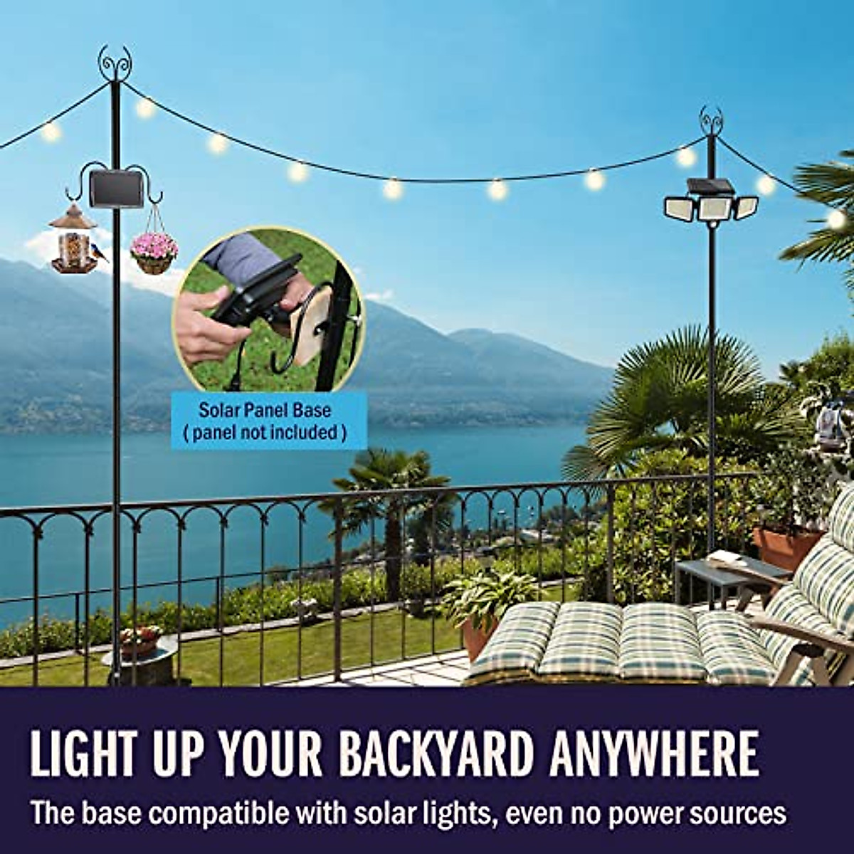 WY String Light Poles for Outdoor String Light - Light Pole with Hooks & Solar Panel Base to Hang up LED Lighting - Backyard, Garden, Patio, Deck Lighting Stand for BBQ, Party, Bistro & Weddings