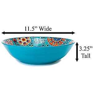 MICROWAVE SAFE Holiday Christmas DInner Ceramic Large Serving Bowl Pasta Bowl Fruit Bowl Salad Bowl Party Holiday Bohemian Talavera Spanish Influenced Design (Turquoise)