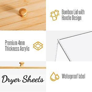 JYPS Acrylic Dryer Sheet Holder Container with Bamboo Lid for Laundry Room Decor Organization and Storage, Clean Dryer Sheet Detergent Pods Dispenser Box with Dryer Sheet Label