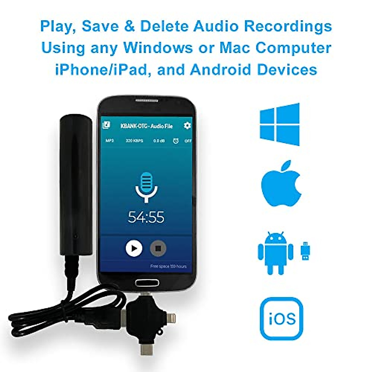 KBANK-OTG Voice Activated Digital Audio Recorder 576 Hours of Recording - Play Back on Computers, Phones, & Tablets