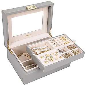 LANDICI Jewelry Organizer Box for Women Teen Girls,Large Jewelry Storage Case with Mirror,2 Layer Removable Stackable Tray,Leather Jewellery Display Holder for Ring Necklace Earring Bracelets,Grey