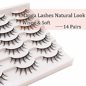 Losha Manga Lashes Fluffy Faux Mink Lashes 14 Pairs Natural False Lashes Pack Wispy Short Anime Lashes Look Like Individual Clusters (3D1009)