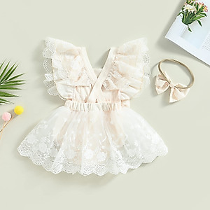 Kayotuas Newborn Infant Baby Girls Butterfly Sleeve Romper Clothes Ruffle Lace Bodysuit Tutu Dress Jumpsuit Princess Outfit (Apricot Bow Lace Romper,12-18 Months)
