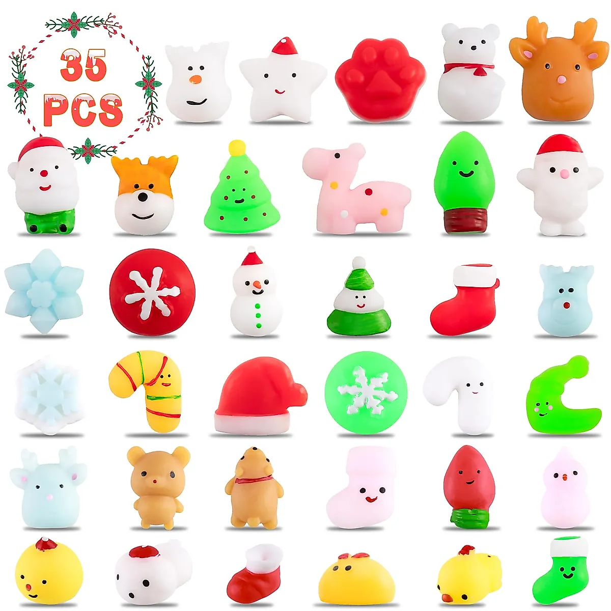 YEAH homemate 35PCS Christmas Mochi Squishy Toys, Christmas Stocking Stuffers for Kids, Squishies Party Favors Gifts Stress Reliever Toys, Treasure Box Toys for Prizes Goodie Bag Stuffers