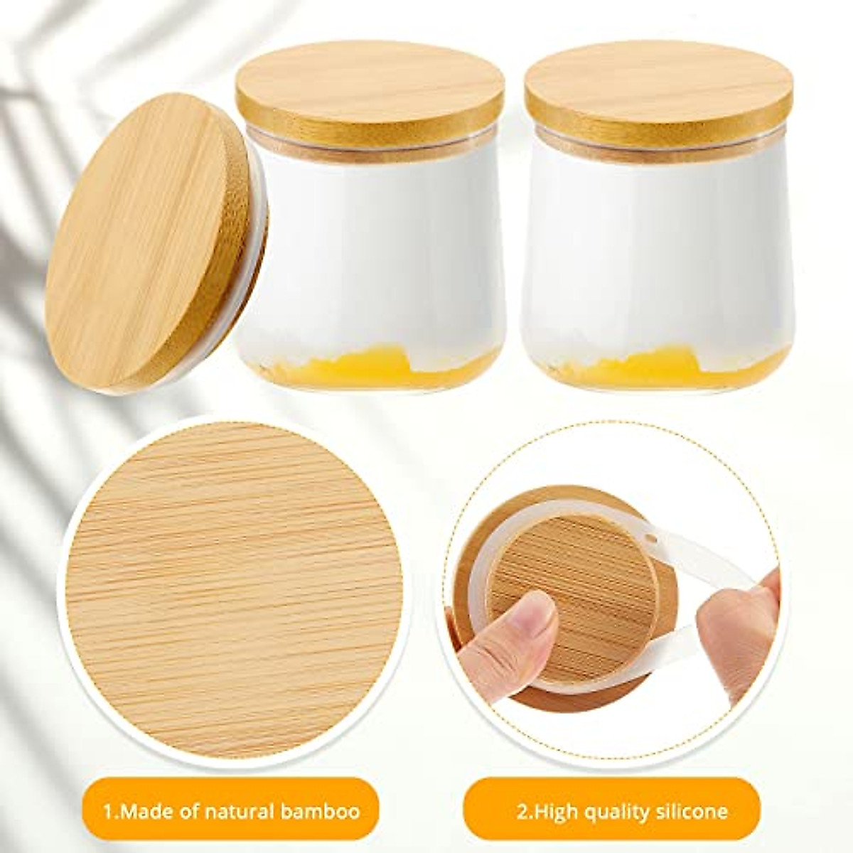 Sawysine Yogurt Jar Lids Set Reusable Bamboo Wooden Lids Round Canning Lids with Silicone Sealing Rings Compatible with Oui Yogurt Jars for Mugs and Jars (12)
