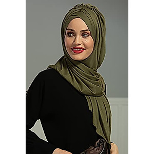 Aisha's Design Instant Hijab for Women Muslim, Presewn 95% Cotton Jersey Turban, Ready to Wear Scarf, Army Green
