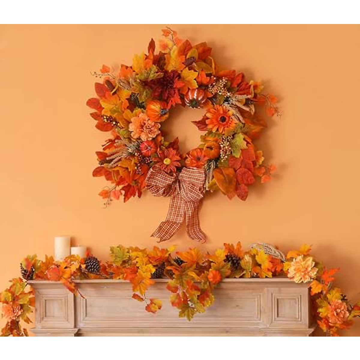 Fall Wreath for Front Door, 24 Inch Fall Door Wreath with Wreath Hanger, Autumn Pumpkin Wreath for Fall Decor Outdoor Indoor, Thanksgiving Day, Fall Decorations for Home