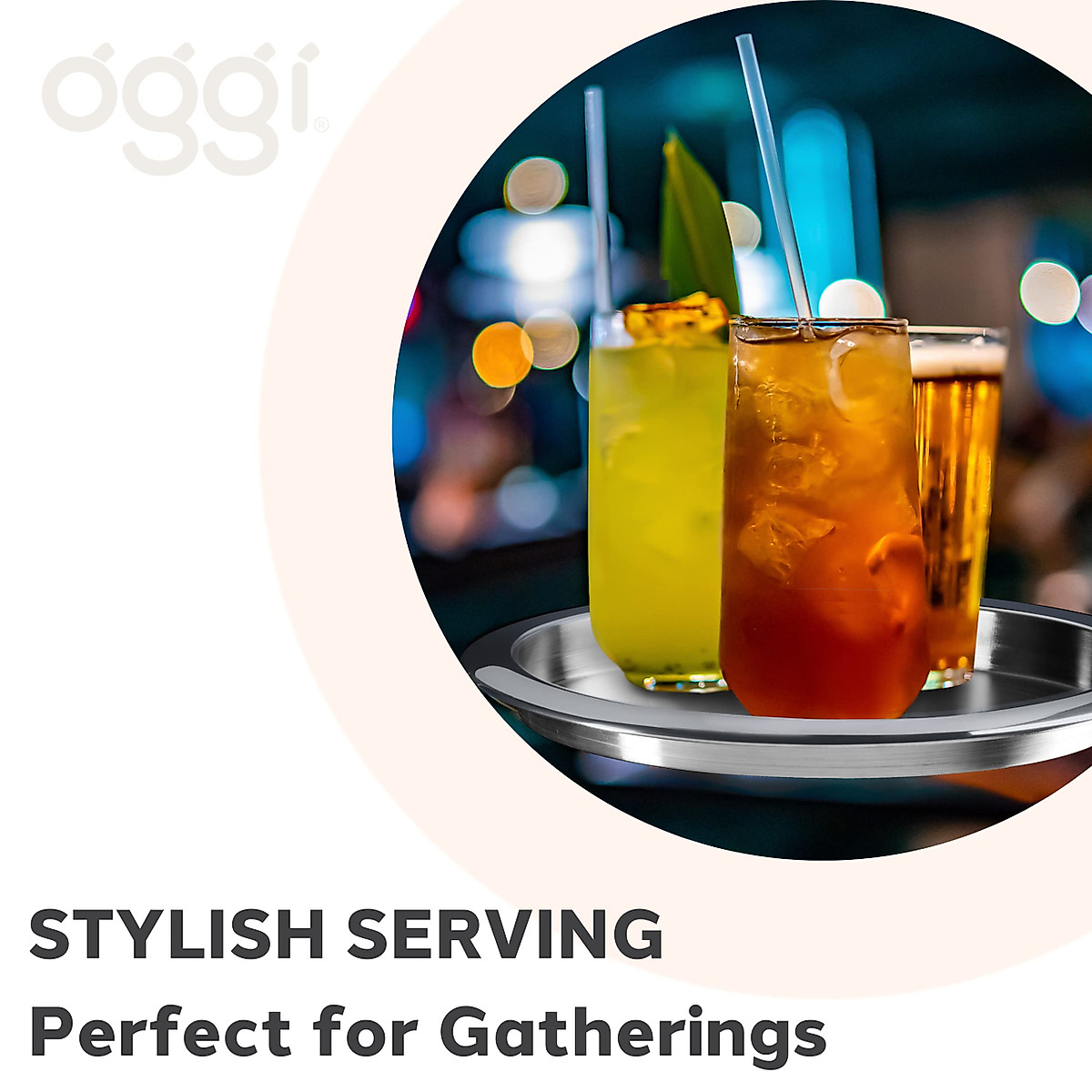 Oggi Round Tray Steel 14" - Ideal Coffee Table Tray, Decorative Tray, Tea Tray and Bar Serving Tray Stainless Steel, (7063.)