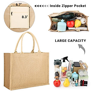 Offiper Burlap Bags with Handles, 6 Pack Large Jute Bags With Zipper Pocket, Grocery shopping Bag, Welcome Bag for Bridesmaid, Blank Tote for Beach Trip Bachelorette Party Wedding DIY Work Daily Use