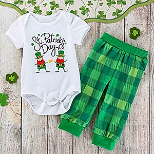 AGQT Toddler Baby Boy Girls St. Patrick's Day Outfit Set Green Shamrock 2pcs Romper Pant Set Two Elf Size 12-24 Months(80)