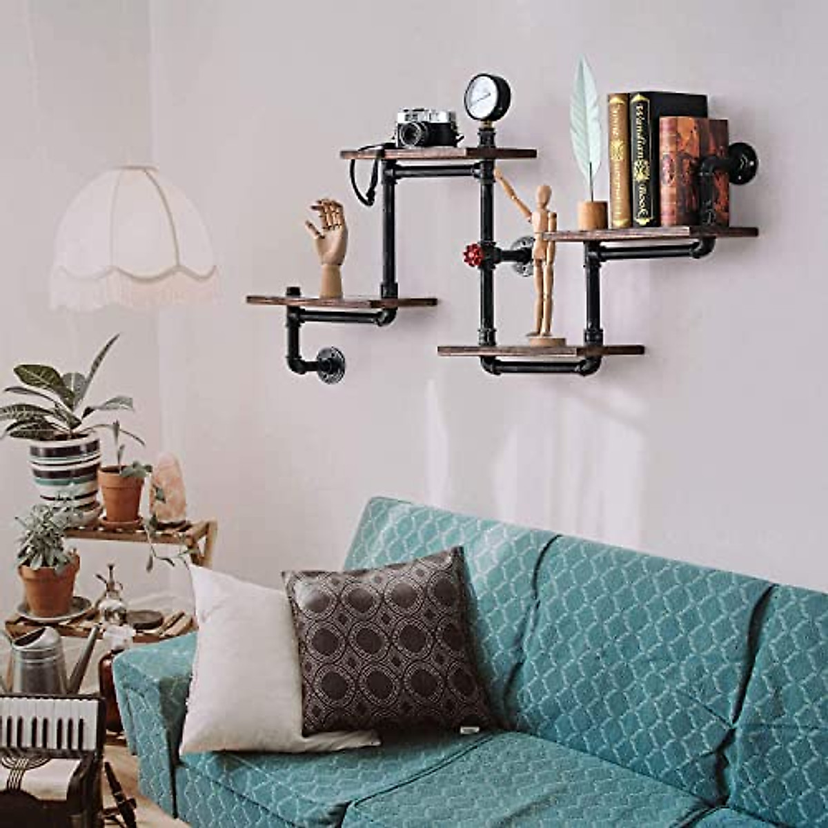 BOSURU Industrial Floating Pipe Wall Shelves Rustic Wood Shelving 4 Layer Ladder Hanging Bookshelf for Bedroom Office Decor