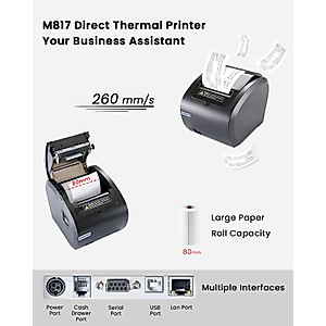 BORN4SHIP 80mm Receipt Printer - Thermal Receipt Printer Easy to Connect, Compatible with Windows/Mac/Linux, Supports USB Serial Ethernet Interface, 260mm/s Low Noise Printing, for ESC/POS (No Square)