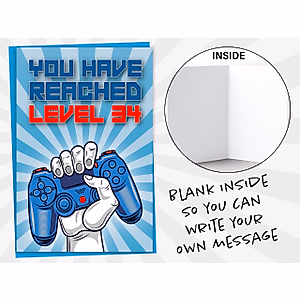 34th Birthday Card, You Have Reached Level 34, Greeting Card for Thirty-Four Year Old Gamer Birthday Gift for Adult Son or Daughter, For Him Her Grandson Granddaughter, Blue