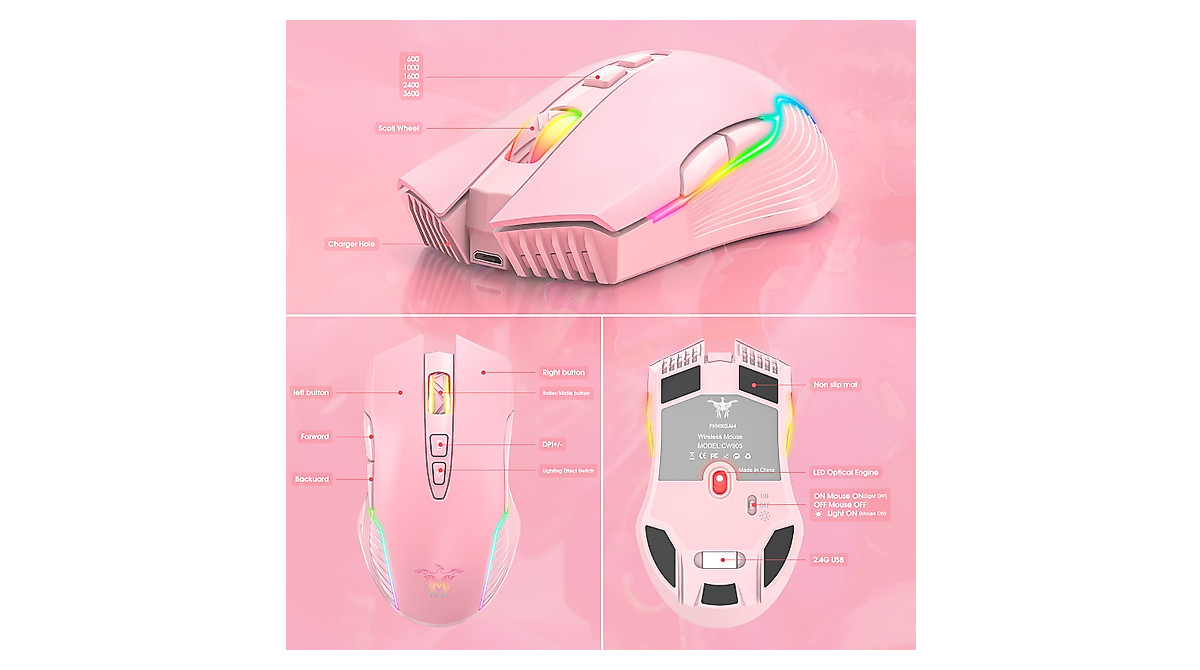 SIMGAL Pink RGB Wireless Gaming Mouse - Ergonomic & Rechargeable