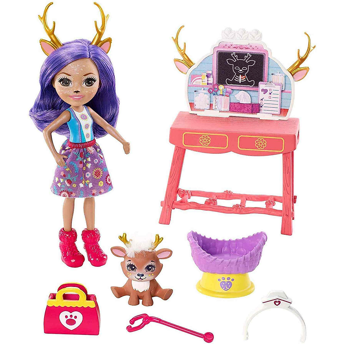 Mattel Enchantimals Caring Vet Playset with Danessa Deer Doll and Sprint Animal Figure, 6-inch Small Doll, with Check-up Table, Basket, and Smaller Doctor Accessories, Gift for 3 to 8 Year Olds