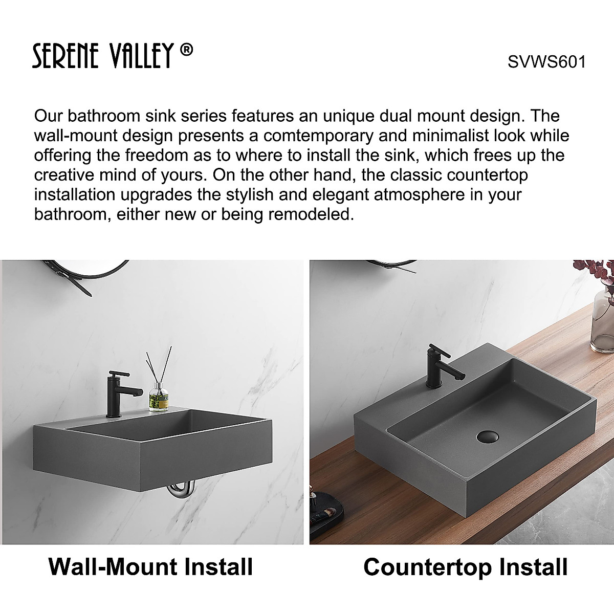 Serene Valley Bathroom Sink, Wall-Mount Install or On Countertop, 40" with Single Faucet Hole, Premium Granite Material in Matte Gray