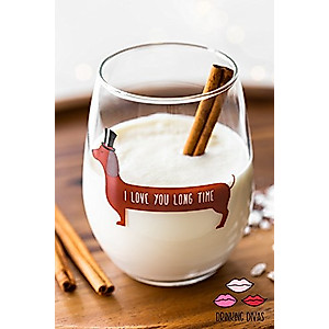 Drinking Divas - I Love You Long Time - 15oz Stemless Dachshund Dog Wine Glass – Birthday Mother's Dayand Christmas Weiner Dog Gifts | Funny Wine Glasses with Sayings for Dog Lovers