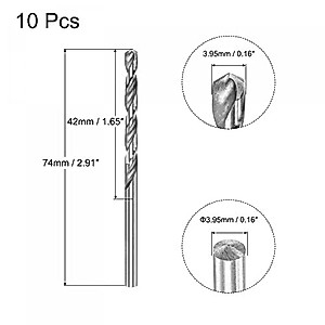uxcell 10 Pcs 3.95mm HSS(High Speed Steel) W6542 Micro Drill Bits, Fully Ground Jobber 74mm Length Drill Bit for Mild Steel Copper Aluminum