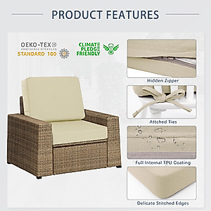 Favoyard Outdoor Deep Seat Cushion Set, 22 x 22 Inch Rainproof & 3-Year Fade Resistant Patio Furniture Cushions, Removable Seat Bottom & Back Cushion Covers with Ties for Chair, Sofa, Couch, Beige