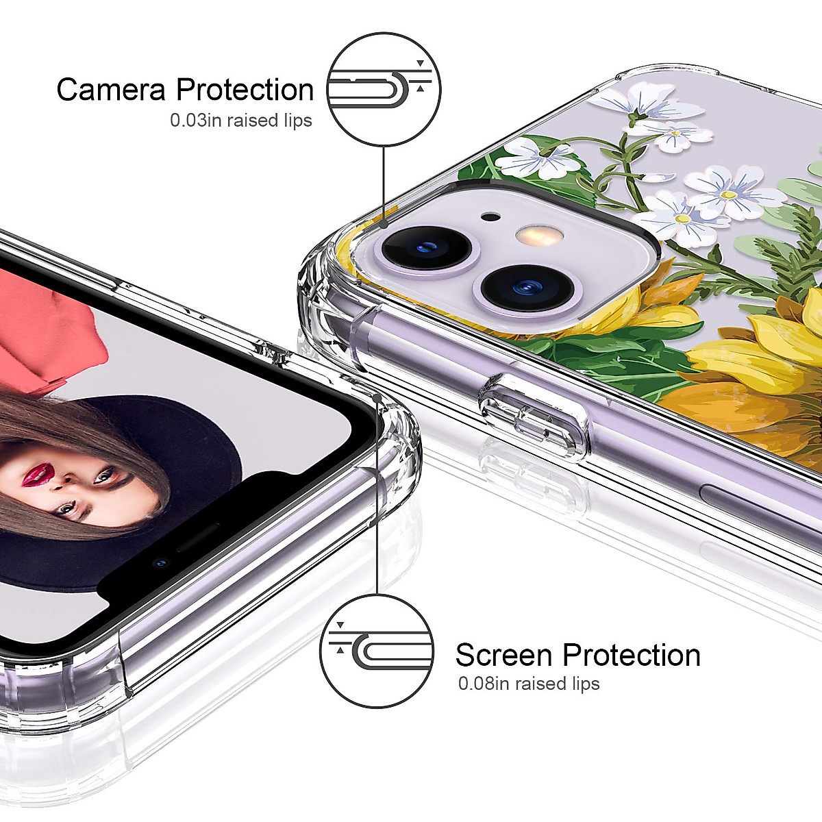 ICEDIO iPhone 11 Case with Screen Protector,Clear with Nice Sunflowers Floral Flower Patterns for Girls Women,Shockproof Slim Fit TPU Cover Protective Phone Case for Apple iPhone 11 6.1 inch