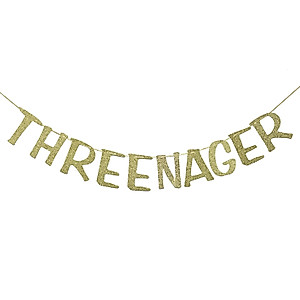 Threenager Banner Hanging Garland for 3rd Birthday Party Photo Prop Party Decoration Sign (Gold Glitter)