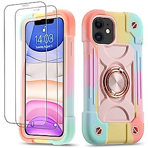 Cookiver for iPhone 11 Case 6.1 Inch with Ring Stand, with 2 Pack Glass Screen Protector ，Heavy-Duty Shockproof Rugged Military Grade Cover with Magnetic Car Mount for iPhone 11 (Rainbow Pink)