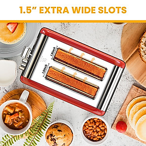 Simple Deluxe 2-Slice Toaster, Stainless Steel Toaster, 6 Browning Setting and 3 Function, Extra Wide Slot & Removable Crumb Tray, for Bread & Waffle, Red
