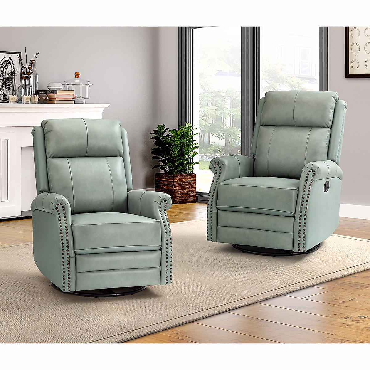 HULALA HOME Genuine Leather Swivel Rocker Recliners Set of 2 with Adjustable Backrest & Footrest, Manual Glider Recliner Chair with Swivel Base, Home Theater Sofa Armchair for Living Room Bedroom,SAGE