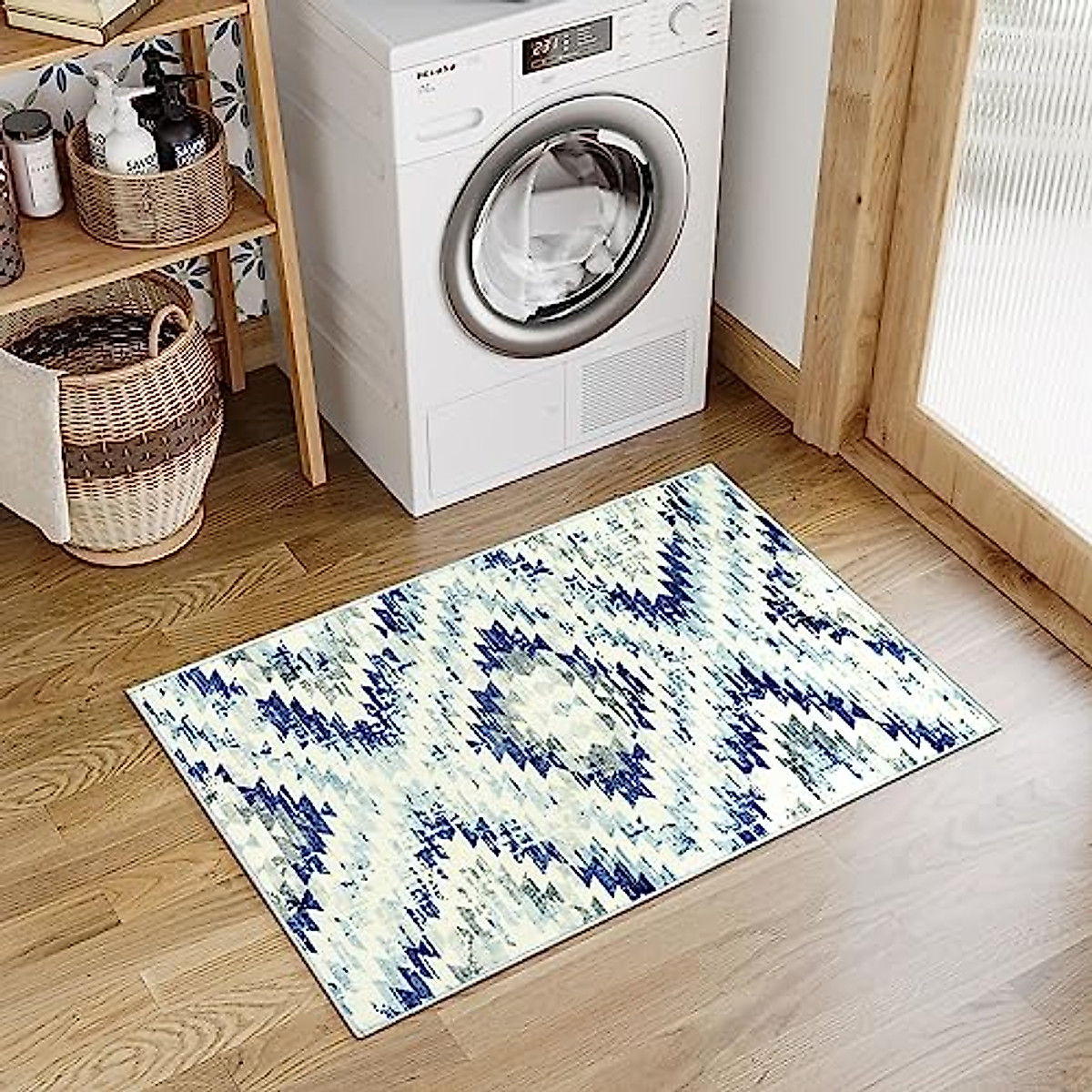 Lahome Washable Boho Bathroom Rug, Blue 2x3 Kitchen Rug with Rubber Backing Soft Entry Rugs, Southwestern Geometric Non Slip Bath Mat Floor Carpet for Laundry Bedroom