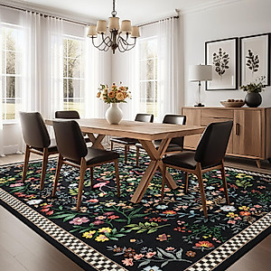 Area Rug Living Room Rugs: 5X7 Washable Large Floral Low Pile Rug Non Slip Backing Indoor Floor Throw Carpet for Bedroom Kitchen Dining Room Playroom Office, Black