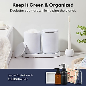 Maisonovo Stone Bathroom Toothbrush Holder Set – Qtip Holder, Cotton Ball & Cotton Rounds Holder, Countertop Toothbrush & Toothpaste Cup W/Stand & Tray, Qtip Container, Cotton Swab Organizer - White