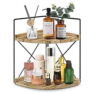 Corner Bathroom Organizer Countertop, 2 Tier Bathroom Trays Vanity Organizer for Counter, Rustic Corner Shelf for Home Small Space, Wood Cosmetic Holder Makeup Standing Rack, Kitchen Spice Rack